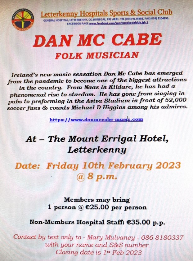 Great opportunity to see Dan McCabe at the Mount Errigal. See poster ...